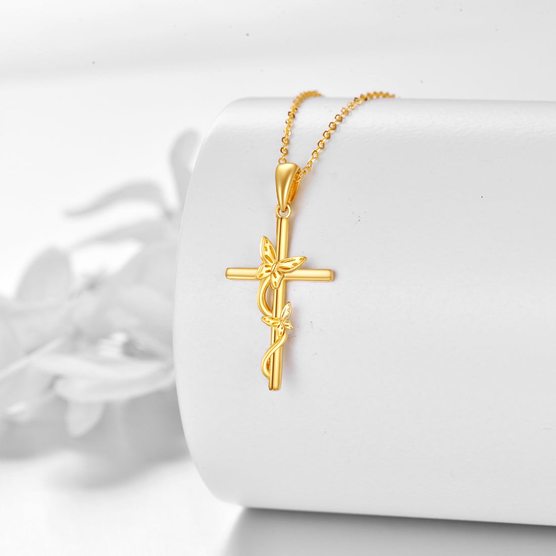 14K Gold Butterfly & Cross Pendant Necklace